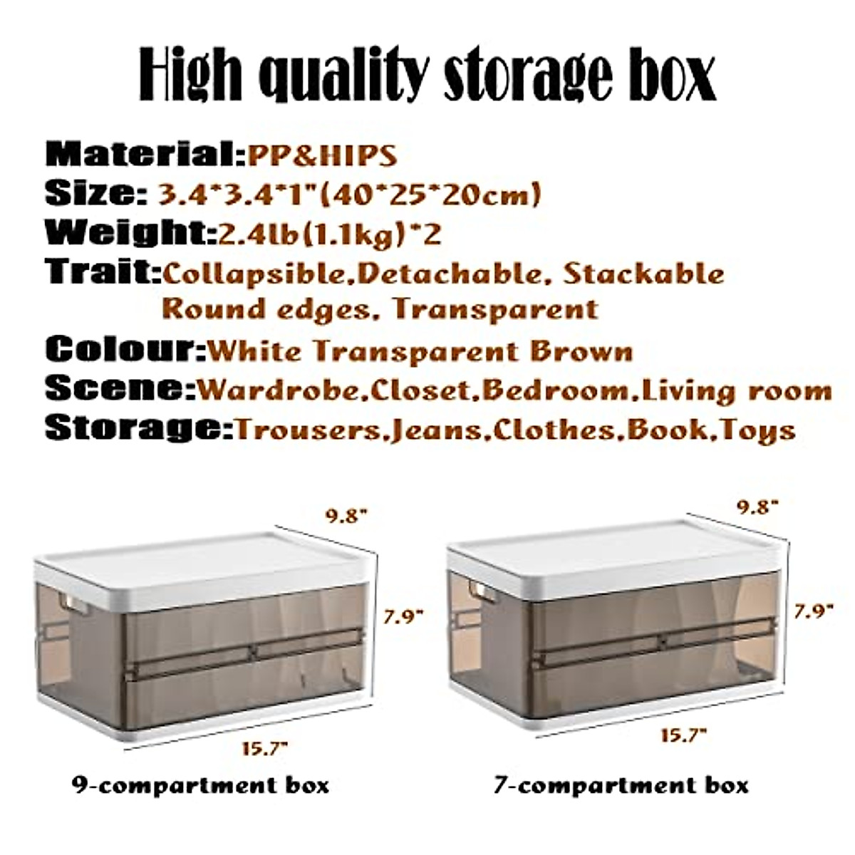 AARAINBOW Stackable Plastic Storage Bins with lids 2 Pc, Foldable Closet Clothes Organizer with Handle Wardrobe Jeans Storage Box, Clear Drawer Organizers for Cloth Toy, 18L (7+9 Grids, Clear Tawny)