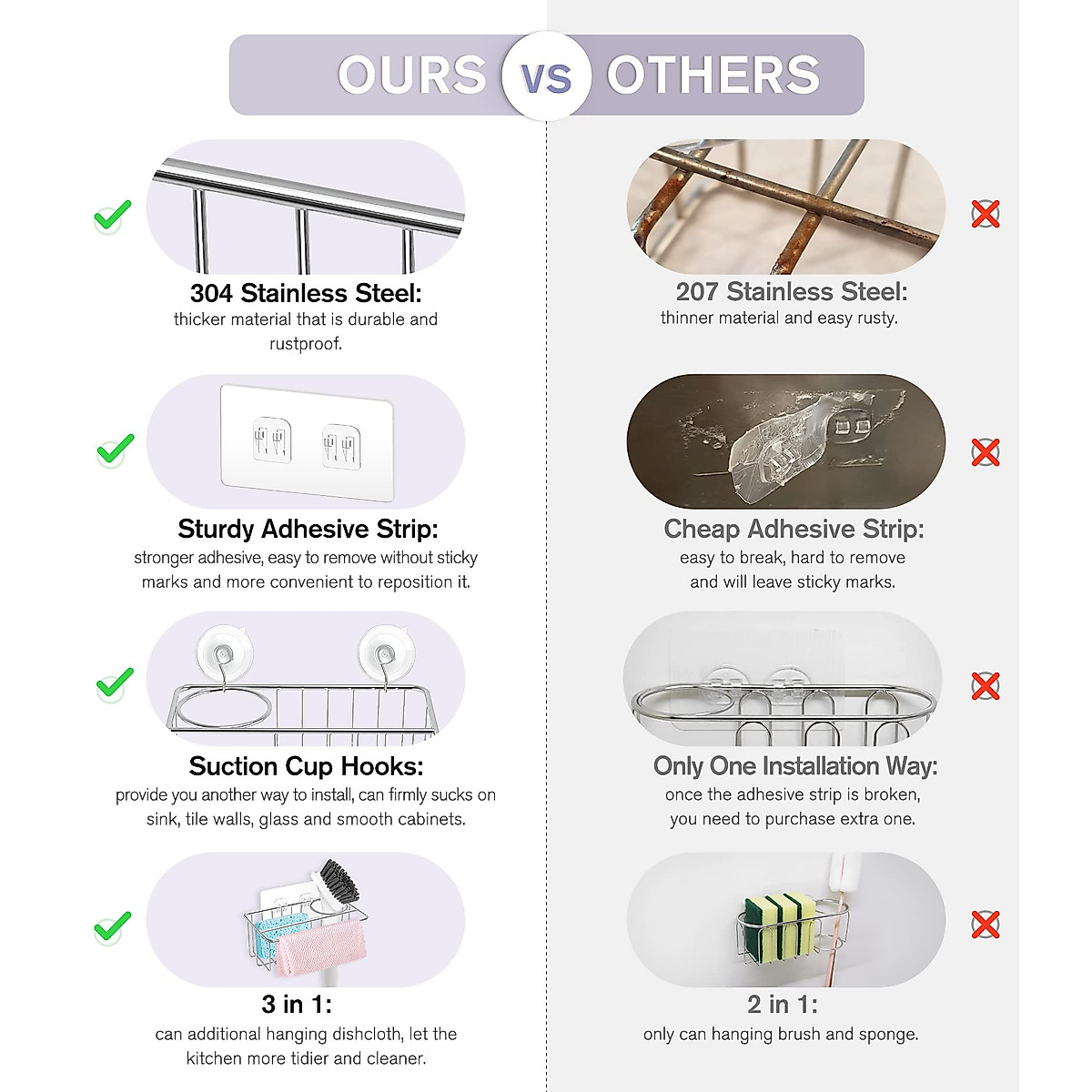 3 in 1 Sink Caddy Sponge Holder, VIS'V 304 Stainless Steel Adhesive Kitchen Sink Basket Sponge Holder Brush Holder Dishcloth Hanger Kitchen Sink Accessories Organizer Rack with 2 Suction Cups - Silver