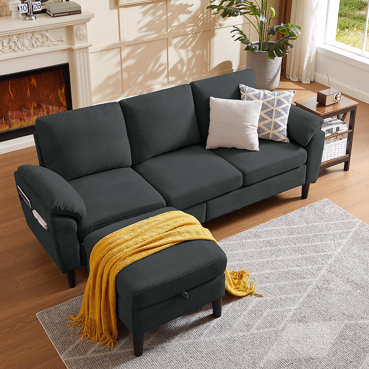 Pingliang Home 79" Convertible Sectional Sofa, Small L Shaped 3-Seat Couch with Reversible Chaise, Modern Linen Sofas Couches for Living Room, Apartment and Small Space, Black