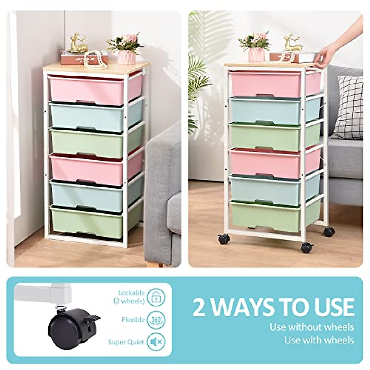 TOOLF Rolling Storage Cart with 6 Drawers, Wooden Tabletop, Easy Movement, Large Capacity, Durable Construction & Colorful Style in White Bar