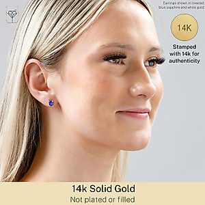 MAX + STONE 14k White Gold Solitaire Blue Aquamarine Emerald Cut Stud Earrings for Women | 7x5mm March Birthstone