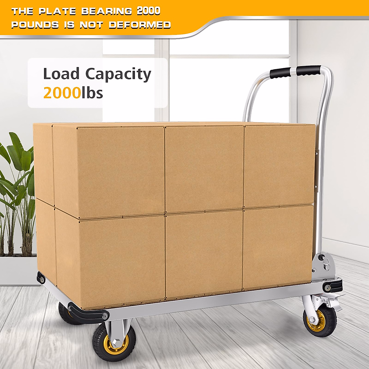 Platform Truck Flatbed Cart Heavy Duty Steel Foldable Push Cart Dolly with 2000Lbs Capacity and Bungee Cords,36 x 24 Large Flatbed Platform Cart with Brake and 6" 360 Degree Swivel Wheels for Moving