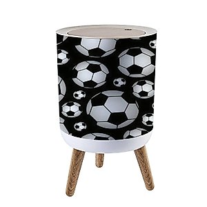 EINGDVPRWEK Trash Can with Lid Cute Seamless with Soccer Balls Press Cover Small Garbage Bin Round with Wooden Legs Waste Basket for Bathroom Kitchen Bedroom 7L/1.8 Gallon