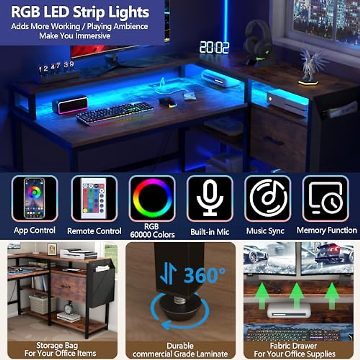 Loomie L Shaped Computer Desk with Power Outlets, 55"Wx41"D Reversible Corner Desk with LED Light, Drawer & Monitor Stand,Home Office Gaming Desk with 4 Tier Storage Shelves & Bag, Study Table,Rustic