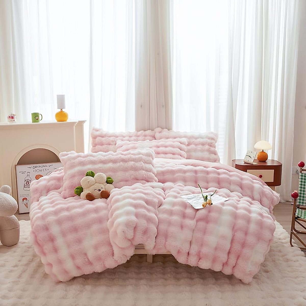 chovy Kids Girls Rabbit Plush Pink White Comforter Sets Twin/Full - 3PC Faux Fur Bed Set Skin Friendly Soft Warm Velvet Flannel Fluffy Fuzzy Bedding（Comforter x 1 Pillowcases x 2）