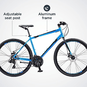 Schwinn Volare 1200 Flat Bar Hybrid Sports Road Bike, Men and Women, 21-Speed, 700c Wheels, 19-Inch Aluminum Frame, Disc Brakes, Matte Blue