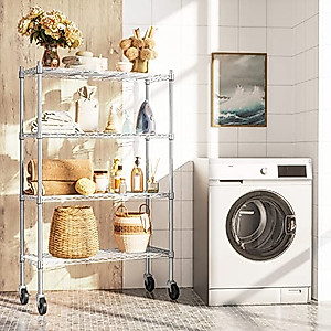 Auslar 4-Shelf Storage Shelves with Casters Heavy Duty 4 Tiers Rolling Cart Utility Racks Adjustable Wire Metal Shelving, Chrome