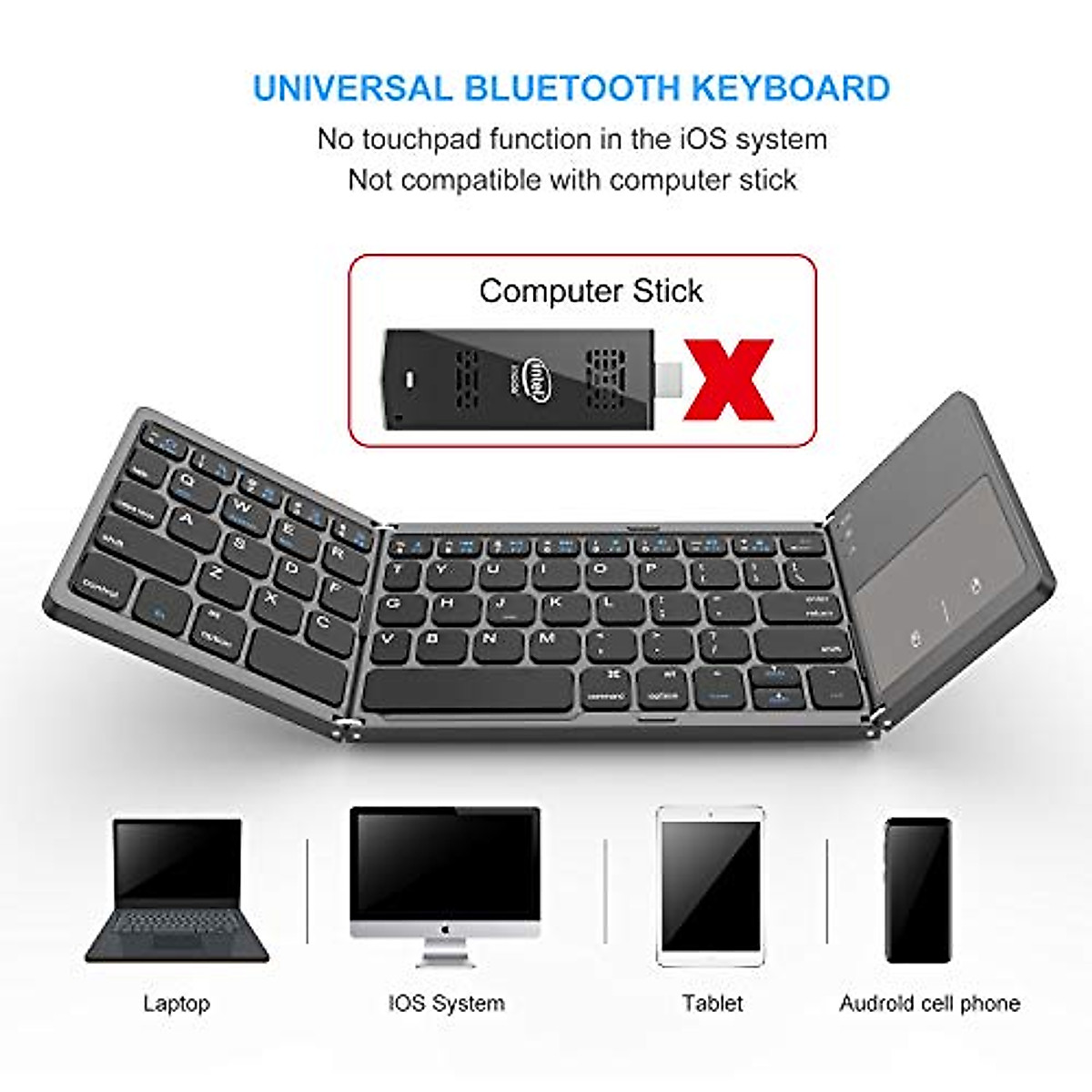 VssoPlor Foldable Bluetooth Keyboard with Touchpad, Dual Modes USB Wired Folding Wireless, Portable Mini Pocket Size Travel Keyboard for Android Tablet Windows-Dark Gray