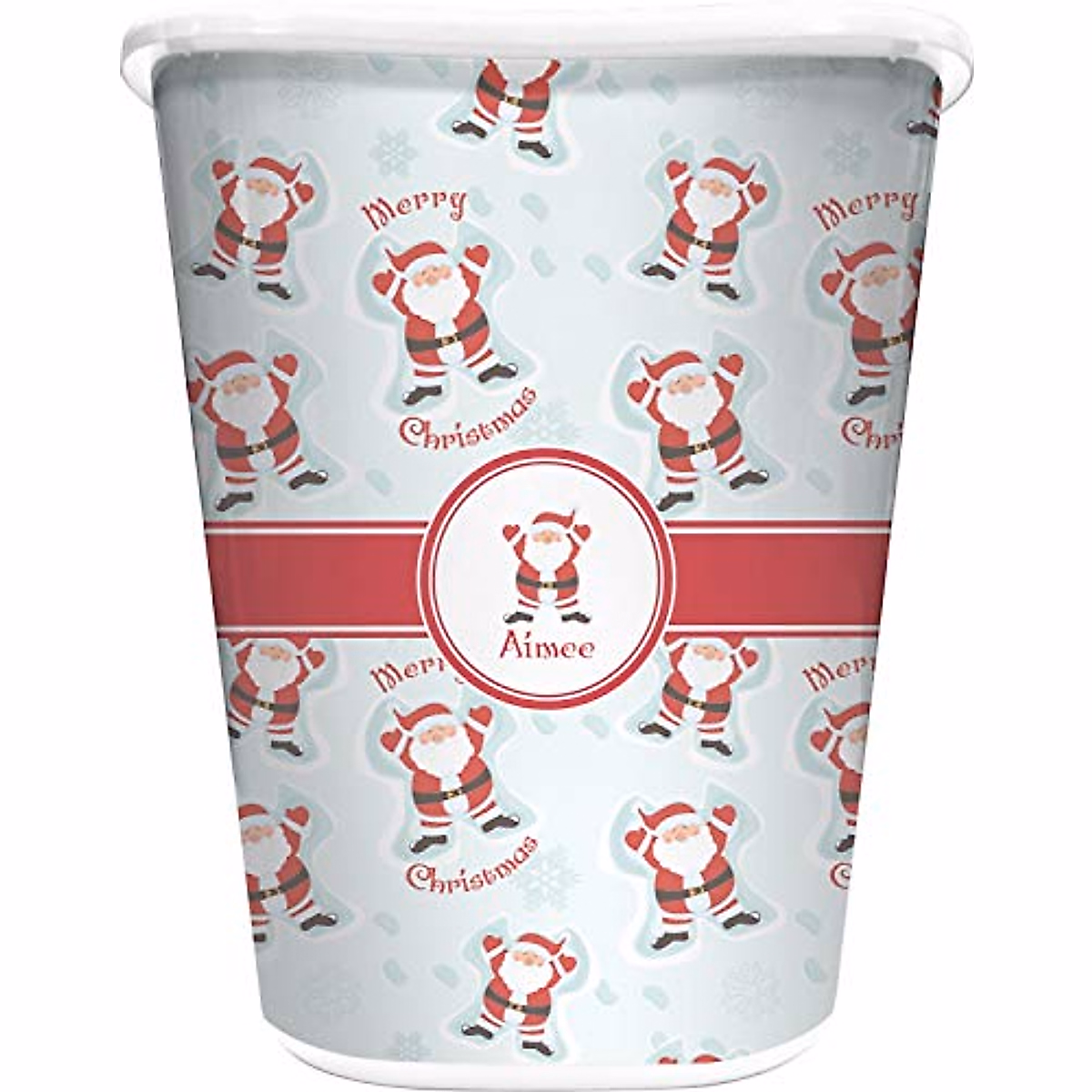 RNK Shops Santa Clause Making Snow Angels Waste Basket - Double Sided (White) w/Name or Text