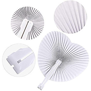 Zwin 48 Pcs Heart Shaped Paper Fans for Wedding Pocket Folding Paper Fans with Plastic Handle White Blank Fans for Guest Celebration Party Decoration