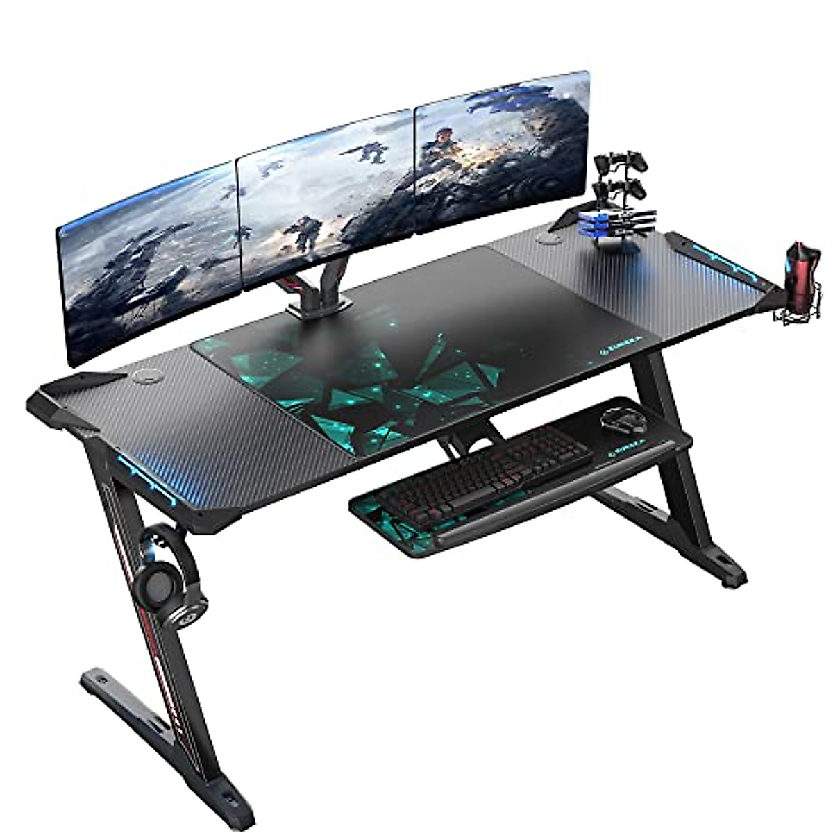 EUREKA ERGONOMIC Z60 Gaming Desk with Led Lights, 60 Inch Large RGB Gaming Computer & Height Adjustable Mouse & Keyboard Tray Under Desk, 28x10'' Large Slide Out Swivel Tilt Computer Keyboard Drawer