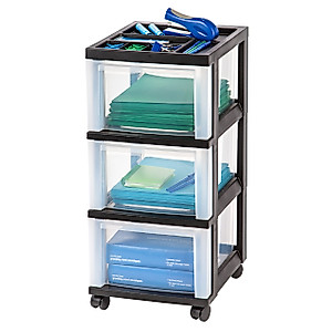 IRIS USA MC-303-TOP Plastic Storage Drawer, Rolling Cart with Organizer Top, 3, Black