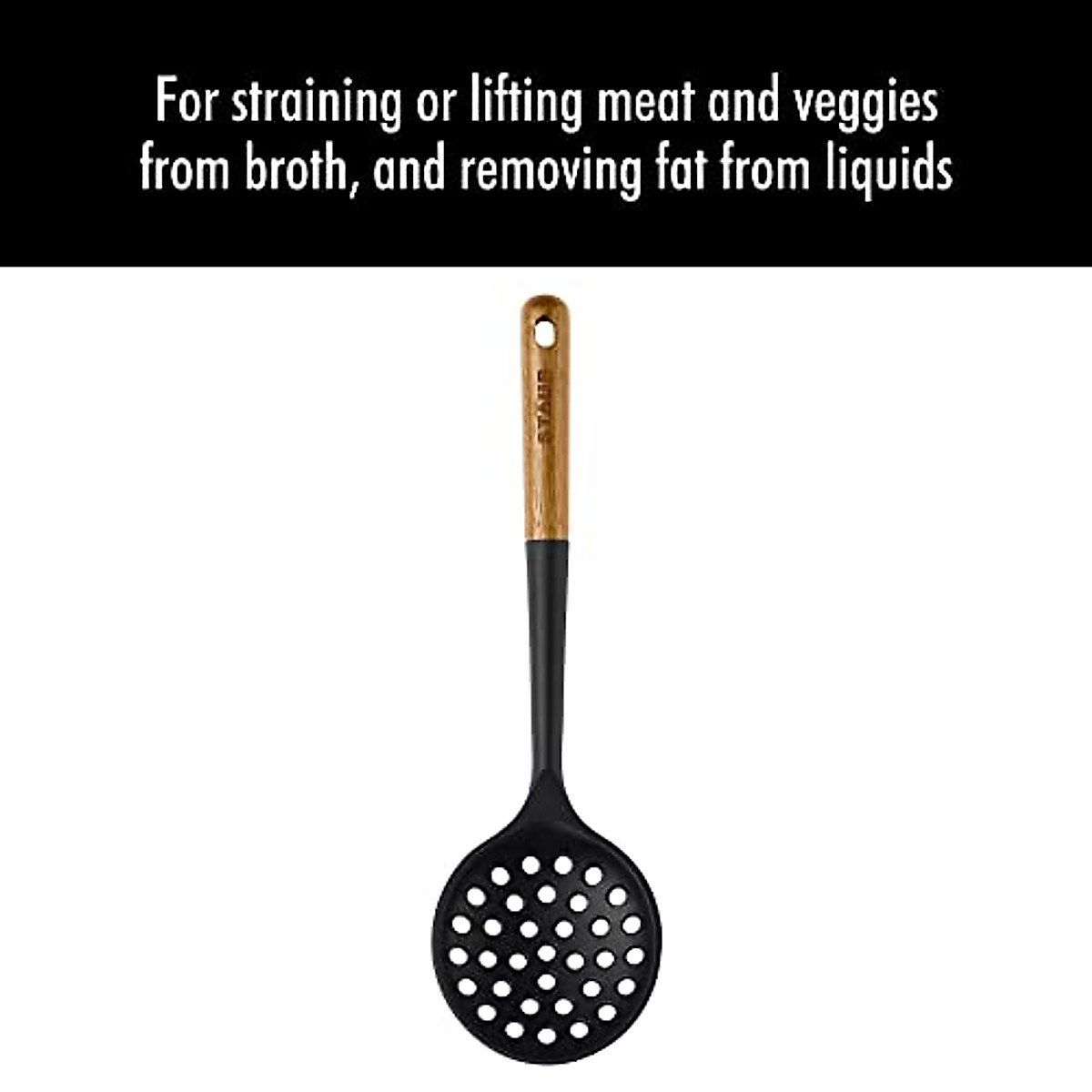 STAUB Skimmer Spoon, Perfect for Straining or Lifting Meat and Veggies from Broth, Durable BPA-Free Matte Black Silicone, Safe for Nonstick Cooking Surfaces