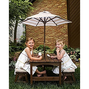 KidKraft Outdoor Wooden Table & Bench Set with Cushions and Umbrella, Kids Backyard Furniture, Espresso with Oatmeal and White Stripe Fabric, Gift for Ages 3-8