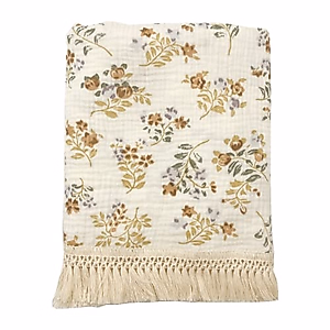 INSULAR Cotton Muslin Baby Blanket with Tassel, Boho Bohemian Muslin Swaddle Blanket Baby Receiving Blanket with Fringe, Nursery Decor Throw or Nursing Blankets, 47" x40”, Flower