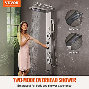 VEVOR Shower Panel System, 6 Shower Modes, LED & Display Shower Panel Tower, Rainfall, Waterfall, 4 Body Massage Jets, Tub Spout, Handheld Shower Head 59" Hose, Stainless Steel Wall-Mounted Shower Set