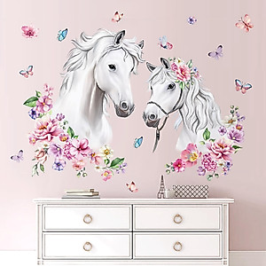 decalmile White Horse Flower Wall Decals Farm Animal Floral Butterfly Wall Stickers Baby Nursery Bedroom Living Room Wall Decor