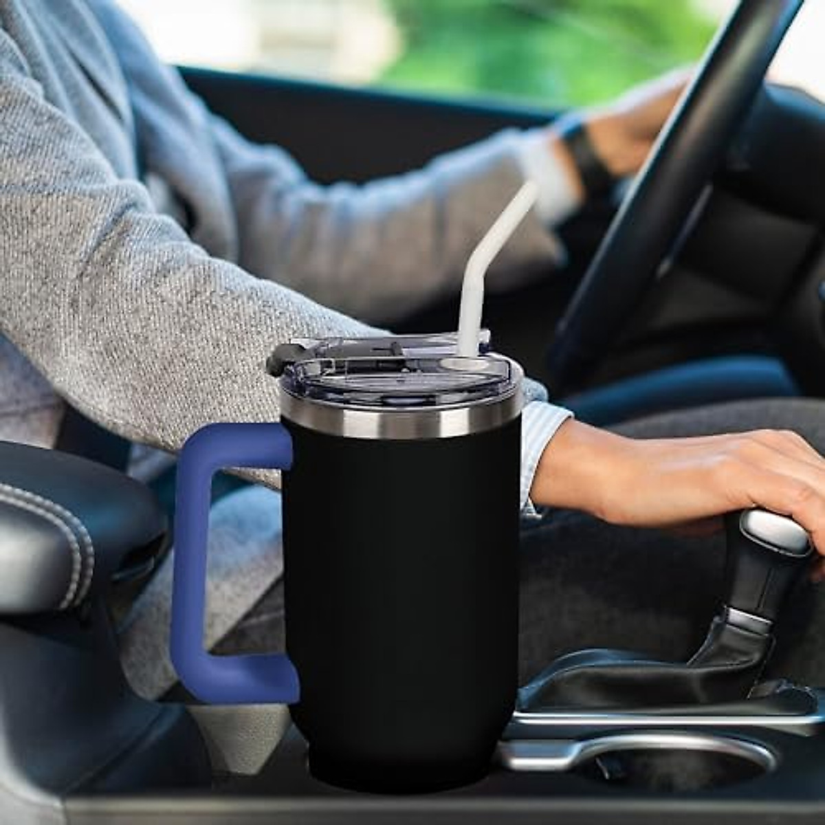 Pheasant Flower 40 Oz Car Cup Stainless Steel Travel Mug Leak-Proof Insulated Tumbler with Handle Deep Blue-style