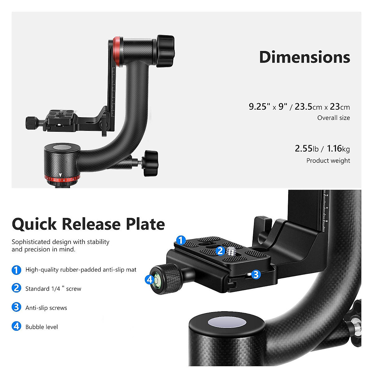 Neewer GM100 Professional Heavy Duty Carbon Fiber Gimbal Tripod Head with 1/4” Quick Release Plate, Bearing Structure Supports Smoother 360 Degree Panoramic Shooting for DSLR Camera Up to 30lbs/13.6kg
