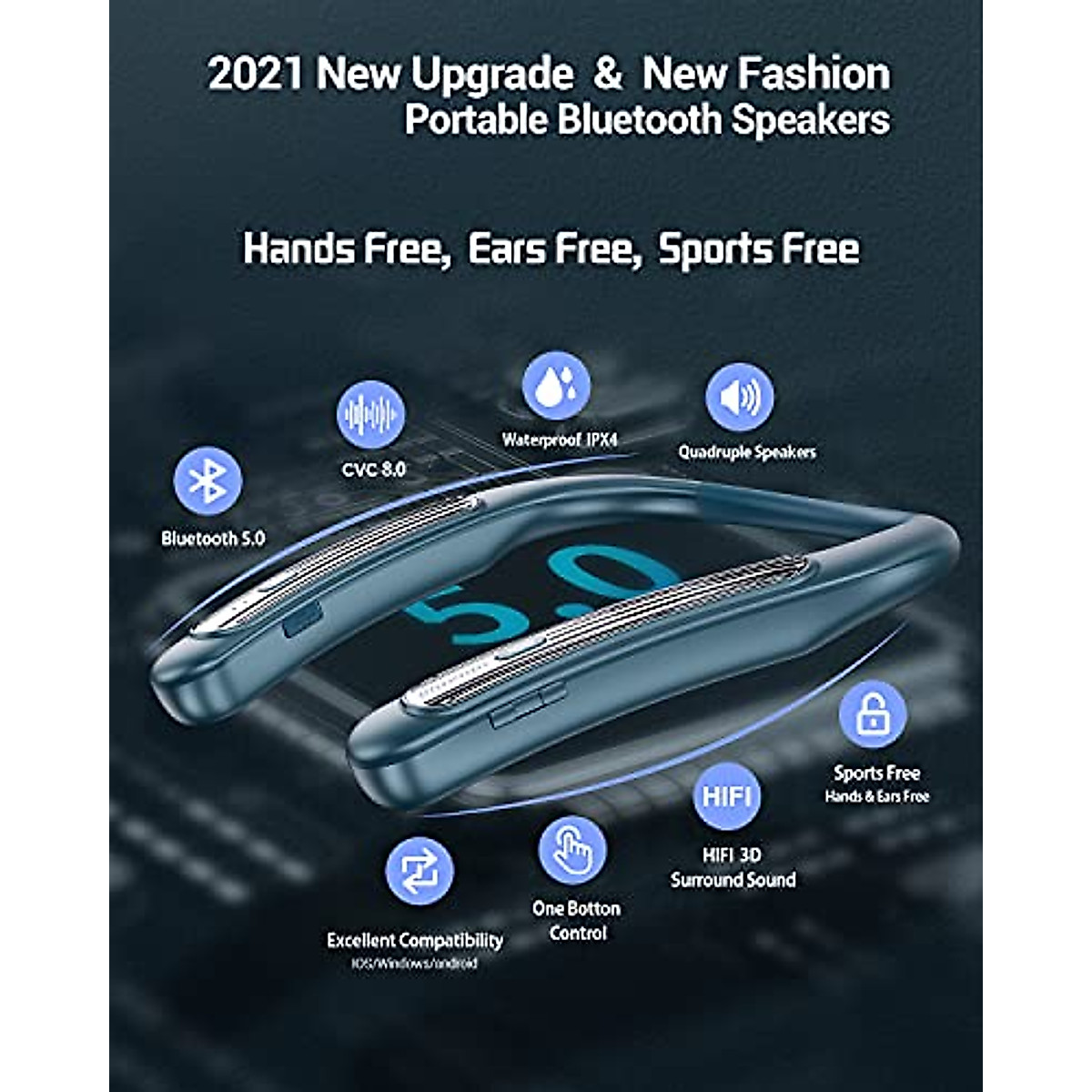 Bluenin Portable Wearable Neckband Bluetooth Speakers, Wireless Collar Speaker CVC 8.0 Noise Cancelling 3D Sound Personal Sport Speaker with Mic(Navy Blue)