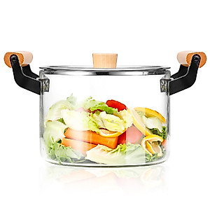 3.5 Qt Clear Glass Pot for Cooking on Stove, Big Glass Cooking Pot with Wooden Handle, Large Glass Simmer Pot for Stove Potpourri, Glass Frying Pot with Clear Lid for Boiling Pot by Nidhdsda