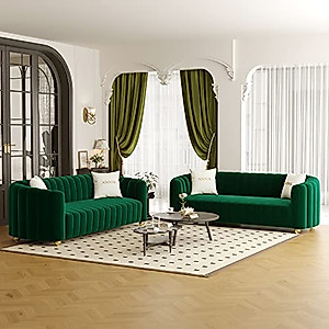 IQIAite 83'' Luxury Velvet Sofa Couch for 3 Person Fashion Couch with 2 Pillows, Metal Legs Solid Wood Frame Chesterfield Sofa Couch for Living Room/Hotel (Green)
