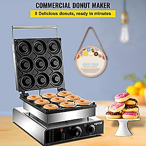 VEVOR Electric Donut Maker, 9 Holes Commercial Donut Machine, 2000W Electric Doughnut Machine, Double-Sided Heating Commercial Donut Maker, for Home & Commercial Use with Non-stick Teflon Coating