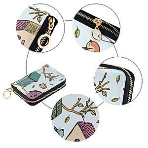 Colorful Birds and Starling Houses Tree Branches Blue SkyGrey Credit Card Coin wallet, RFID Blocking Compact Women Leather Card Holder, Key Change Organizer, Zipper Purse Clutch Pouch