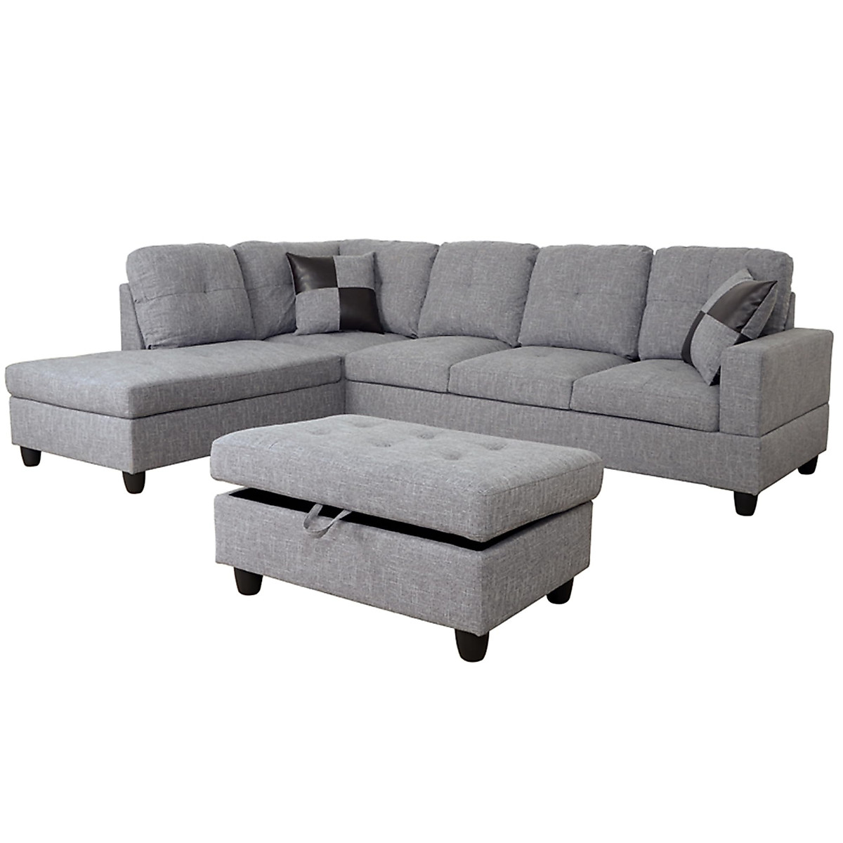 NOTOP 3-Piece Linen Leather L-Shaped Sectional Sofas, Button Tufted Upholstered Couch Set with Left Chaise Longue and Storage Ottoman, for Living Room, Home, Office, Grey