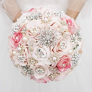 Abbie Home Brooch Jewelry Bouquet - Luxury Bridal Bouquets with Crystal Rhinestone Sparkle Pearls Rose Flowers for Wedding Quinceanera (Pink)