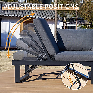 PaPaJet Aluminum Patio Conversation Set with Adjustable Backrest, 3 Piece 3 Seat Modern Outdoor Furniture Set with Wood Grain Plastic Top Side Table for Backyard Poolside Porch, Gray