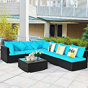 HAPPYGRILL 7-Pieces Patio Furniture Set Outdoor Rattan Wicker Sectional Sofa Set with Cushions & Pillows & Coffee Table for Garden Lawn