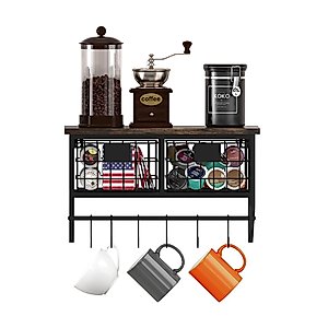 Helsin Industrial Wall Mounted Metal Wood Floating Shelves with Baskets Hooks Hanging Display Shelf Sundries Holder for Coffee Bar Kitchen Bathroom Organization and Home Decor, Black (16inch, 1 Set)