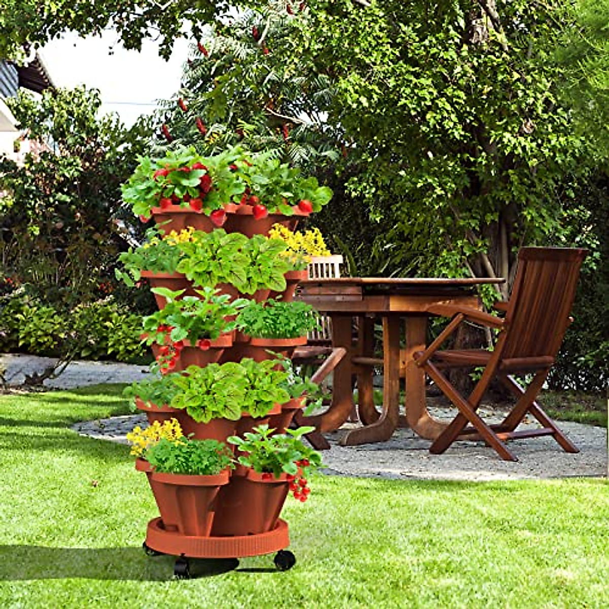 Tectsia Strawberry Vertical Planter Tower Garden, 5 Tiered Planter Stackable Herb Garden Planter with Movable Casters and Bottom Saucer Indoor and Outdoor - Terra Cotta