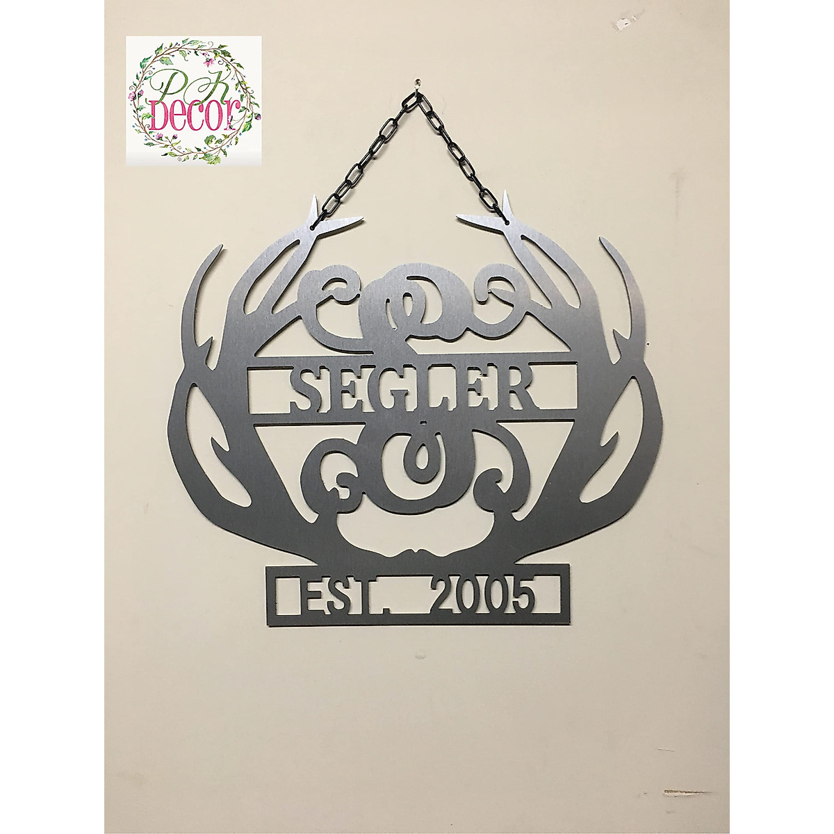 PK Décor Deer Antler Decor with Family Last Name with Established Year, Metal ACM Buck Antlers Sign Gift, Rustic Initial Monogram Door Hanger, QUICK Ship (Split Letter Established Year)