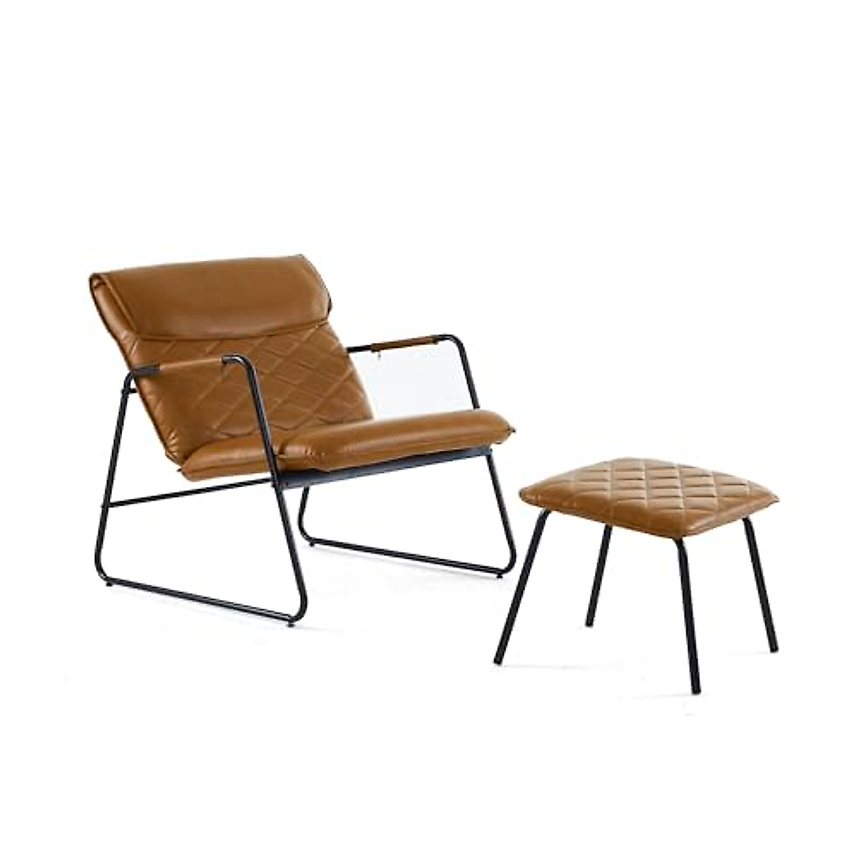 Penifun Accent Chair and Ottoman Set, PU Leather Upholstered Comfy Side Leisure Lounge Armchair with Metal Frame & Lattice Back, Footstool for Living Room, Orange