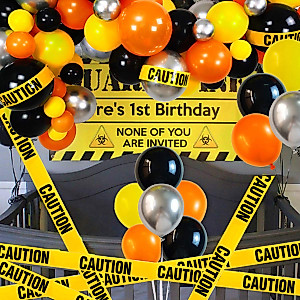 Quarantine Balloon Garland & Arch Kit, 74 Pack 12Inch 5Inch Black, Orange, Yellow, Silver Latex Balloons Strip Set with Caution Tape for Quarantine Birthday Party Decorations Construction