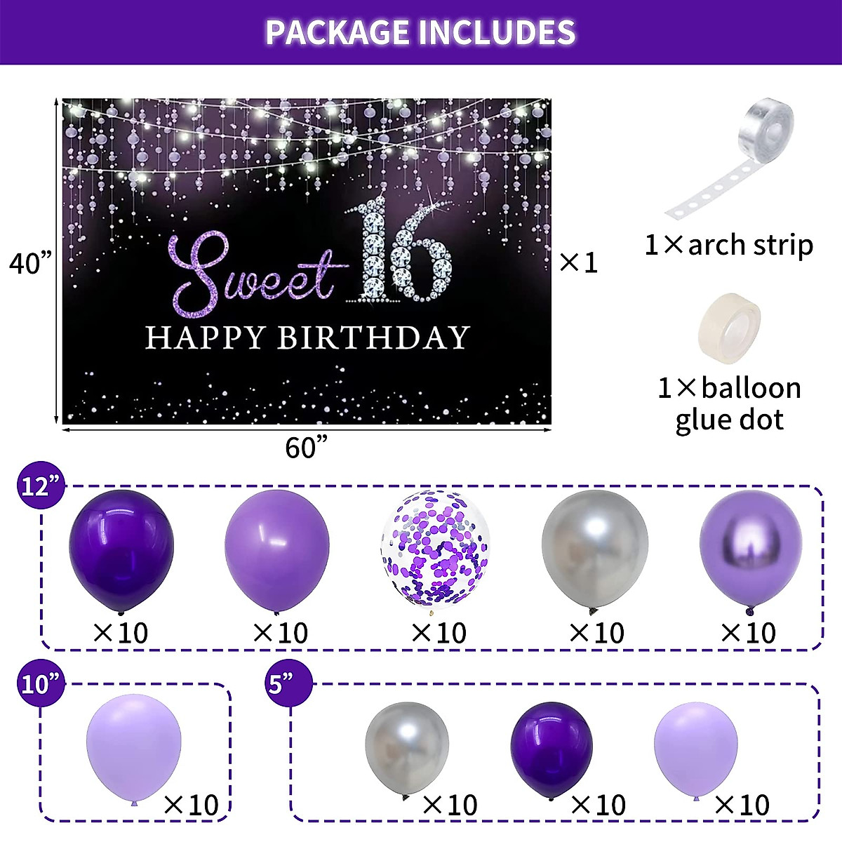 Sweet 16th Birthday Decorations for Girls Happy 16 Birthday Backdrop Banner,Purple Balloon Garland Kit for Teen Her Sixteen Sweet 16 Birthday Party Decorations,16th Birthday Party Supplies Bday Decor