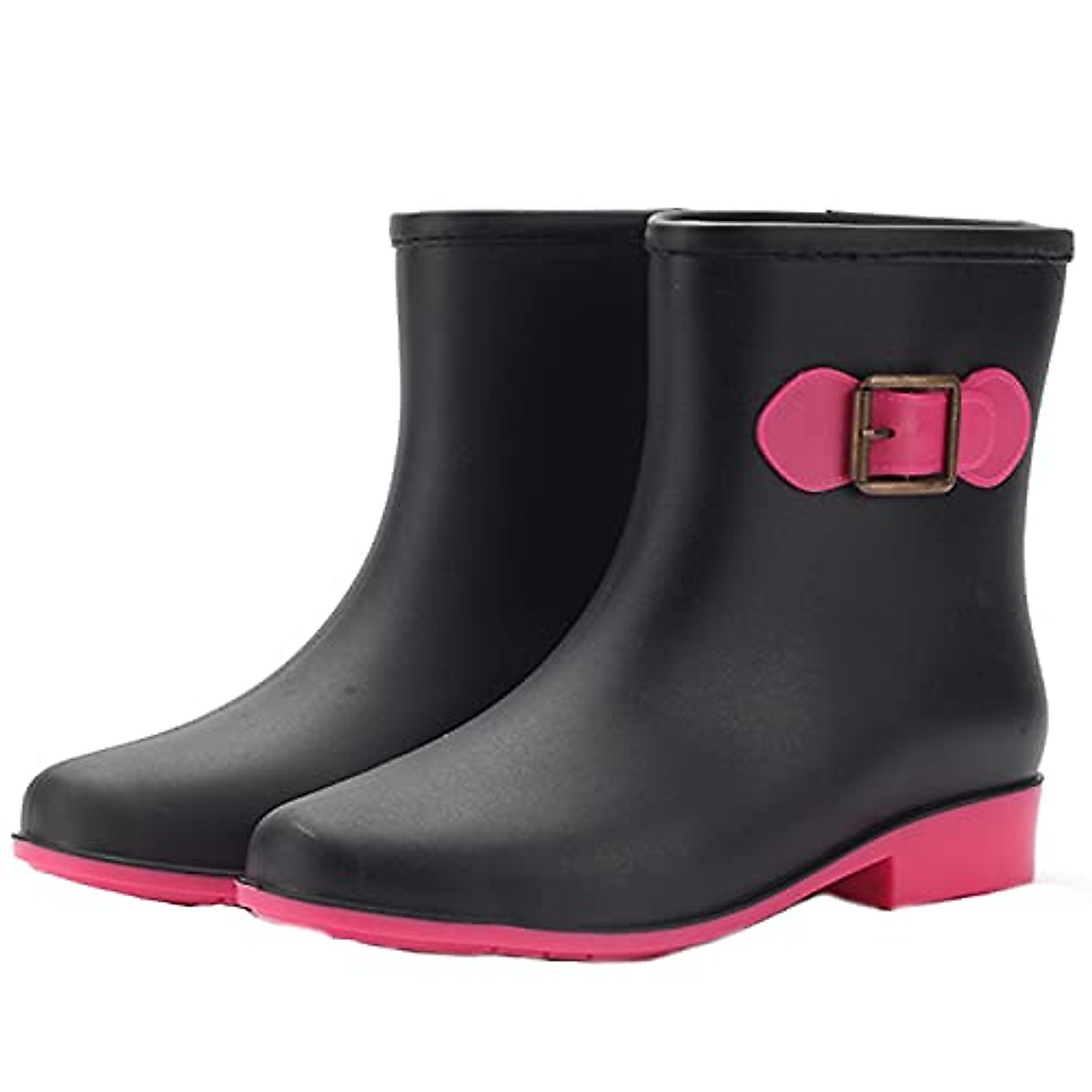Toe Boots Women Low-Heeled Middle Shoe Rain Buckle Waterproof Round Women's Rain Shoes Craftsmen Work Boots Mens (Hot Pink, 9)