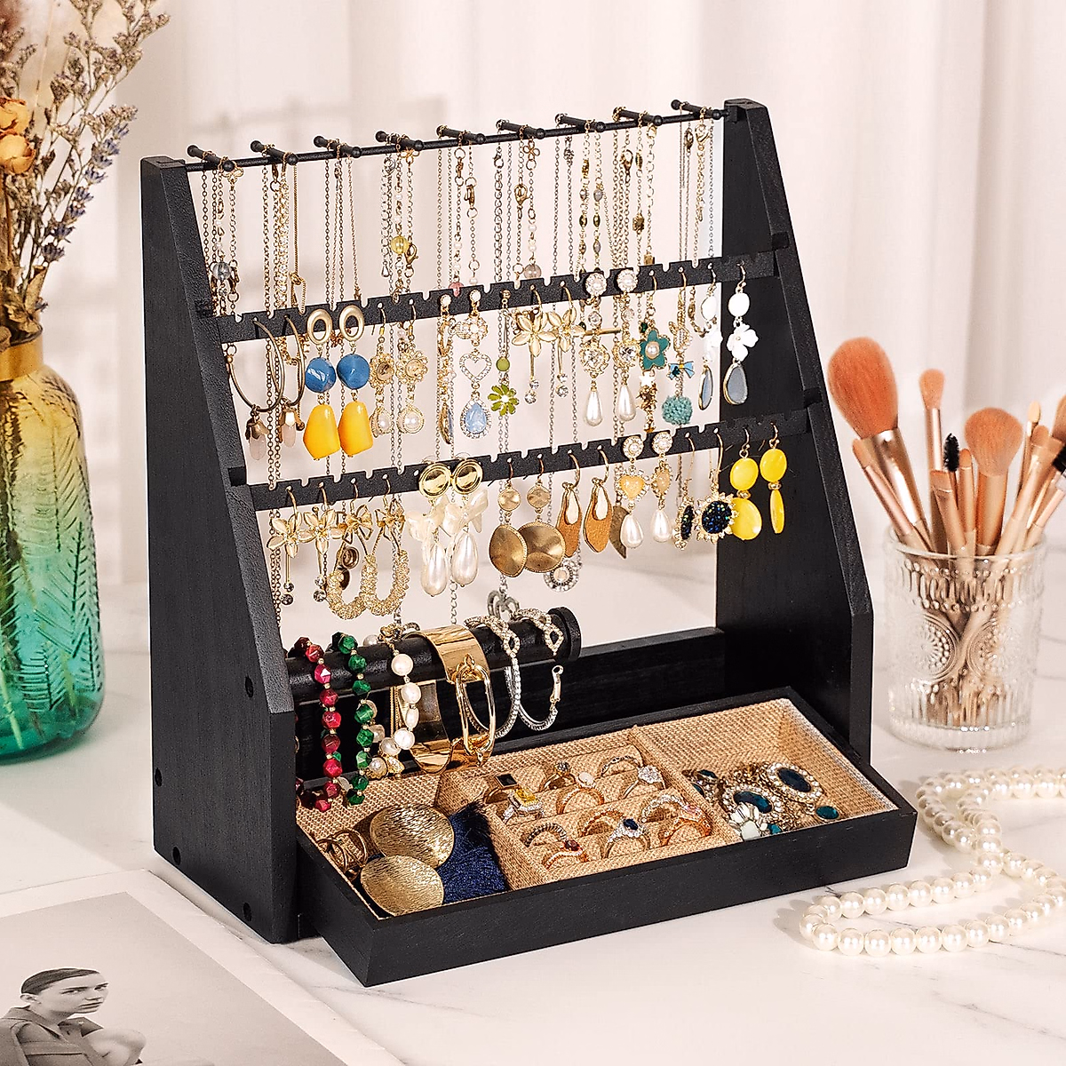 DGWJSU Earring Organizer, 5 Layer Earring Holder Organizer with Necklace Holder, Rustic Wood Jewelry Organizer Stand Display for Stud Earring Bracelet Necklace Ring, Watches