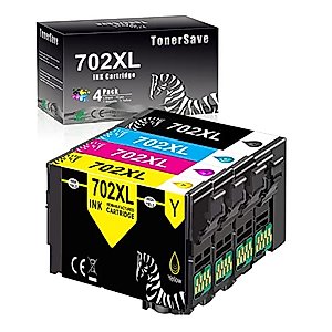 702XL TonerSave Remanufactured 702 T702XL 702 XL Ink Cartridge for Epson Workforce Pro WF-3720 WF-3730 WF-3733 (4-Pack, Black Cyan Magenta Yellow, Epson 702)