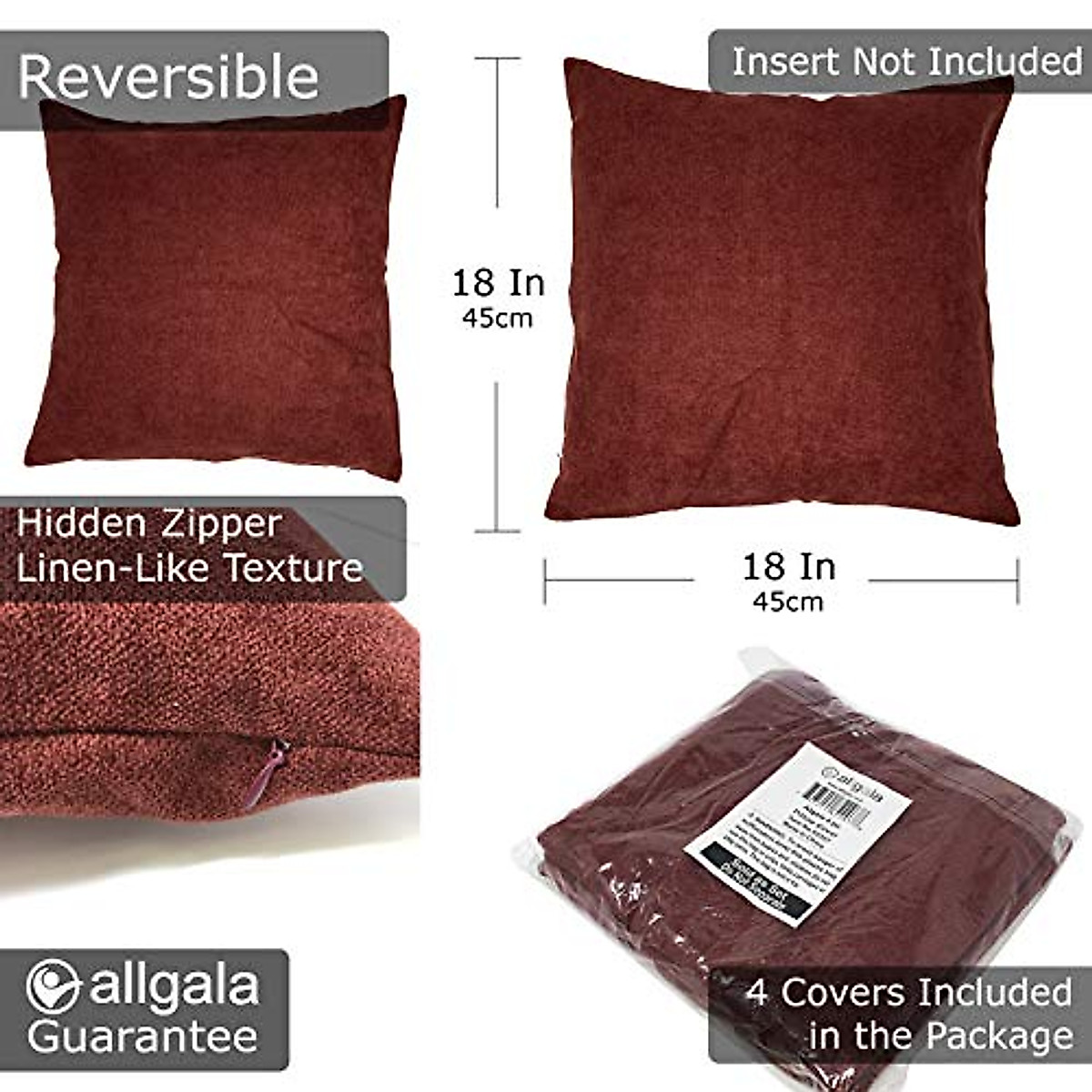 Allgala 4-Pack Decorative Throw Pillow Cover 18x18 Inch-Burgundy-PW82207 (Covers Only - NO Inserts)