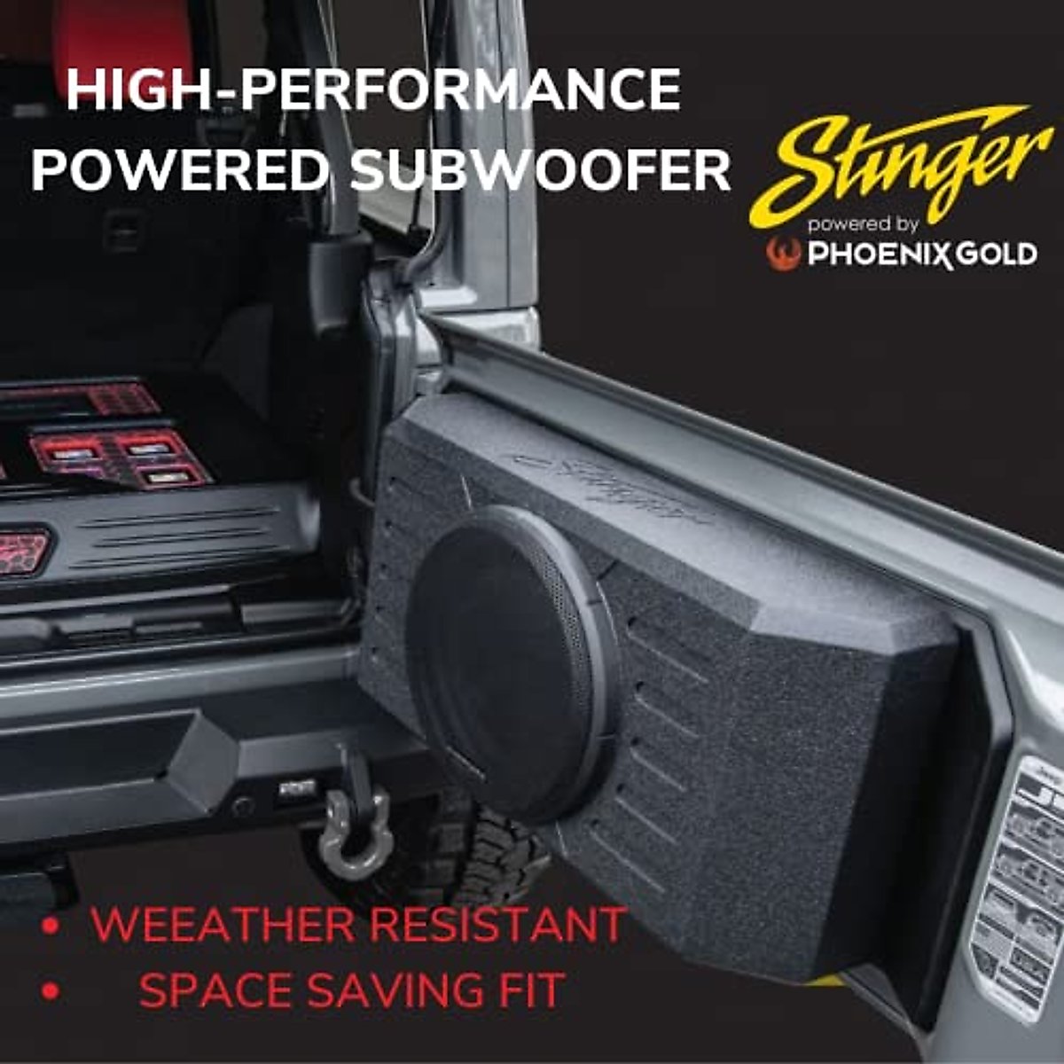 STINGER 800 Watt 12” Custom Shallow Loaded Subwoofer Enclosure for Wrangler JK/JKU, JL/JLU, Weatherproof, Mounting Hardware Included (Black)