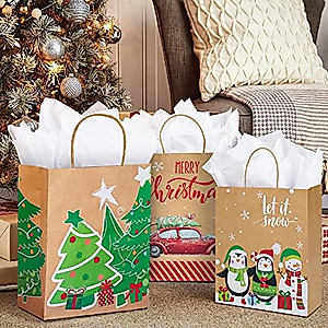 24 Large Kraft Christmas Gift Paper Bags Bulk with handles and 60 Count Christmas Gift Tags-12 Designs big size sacks set for Wrapping Xmas Holiday Presents