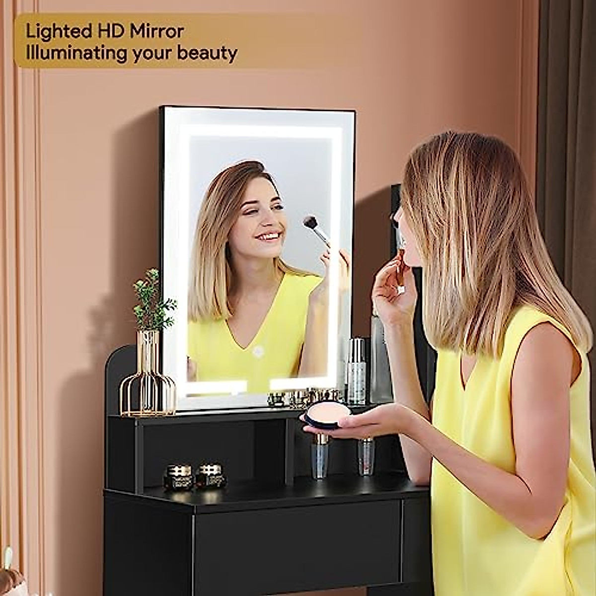 SMOOL Vanity Desk with Lighted Mirror - Makeup Vanity Table with 3 Color Lighting Modes Adjustable Brightness, Makeup Desk with Movable 3-Drawer Chest and Shelves, Vanity Set for Bedroom Studio, Black