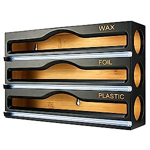 Cozee Bay Bamboo Wrap Dispenser with Cutter, Plastic Wrap Organizer, Aluminum Foil Organization, and Wax Paper Dispenser Holder for Kitchen Drawer and Wall, Compatible with 12" Roll (Black)