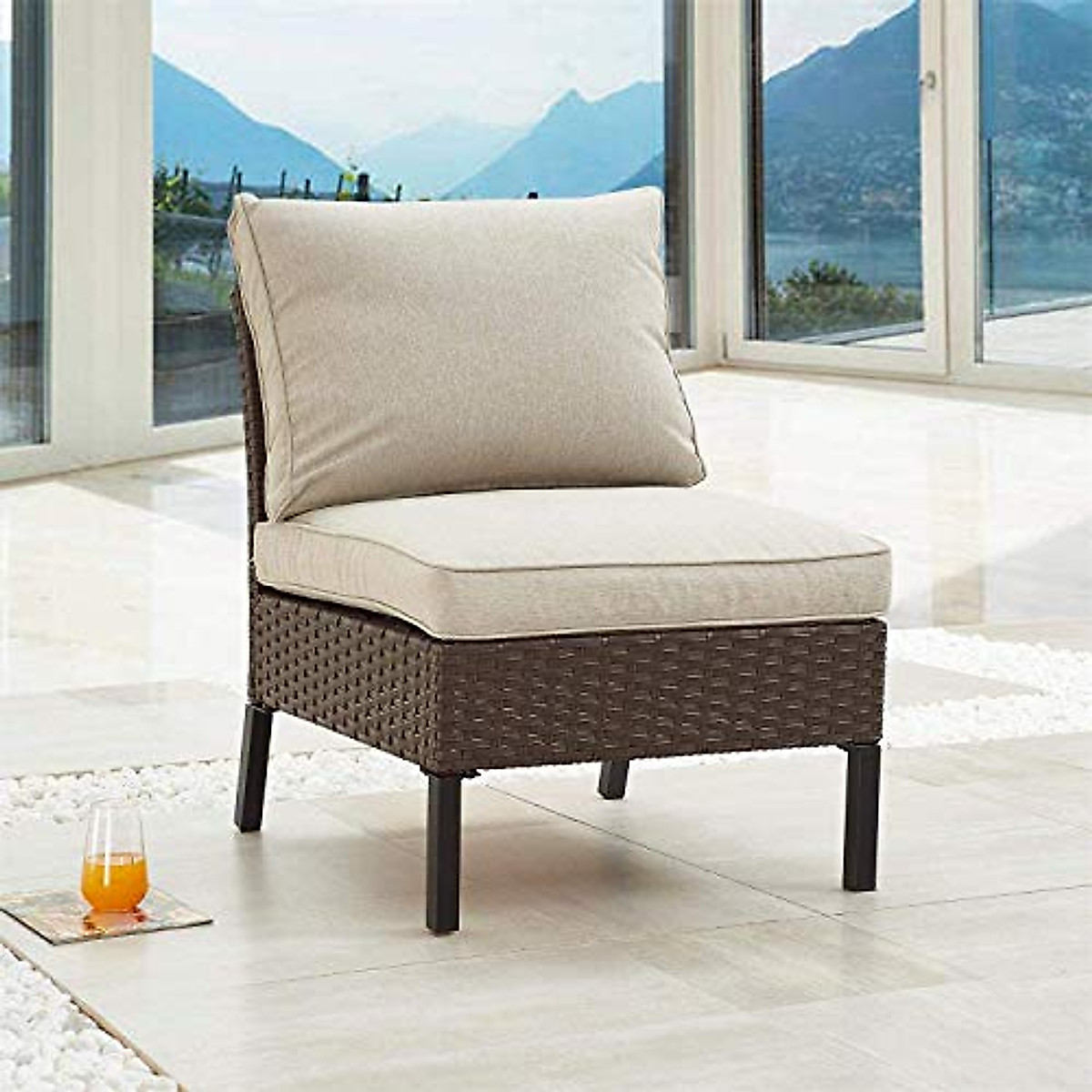 PatioFestival Rattan Armless Chair Wicker Patio Chairs Non-Armrest Sofa with Cushion Outdoor Metal Frame Furniture for Garden Porch Poolside Balcony