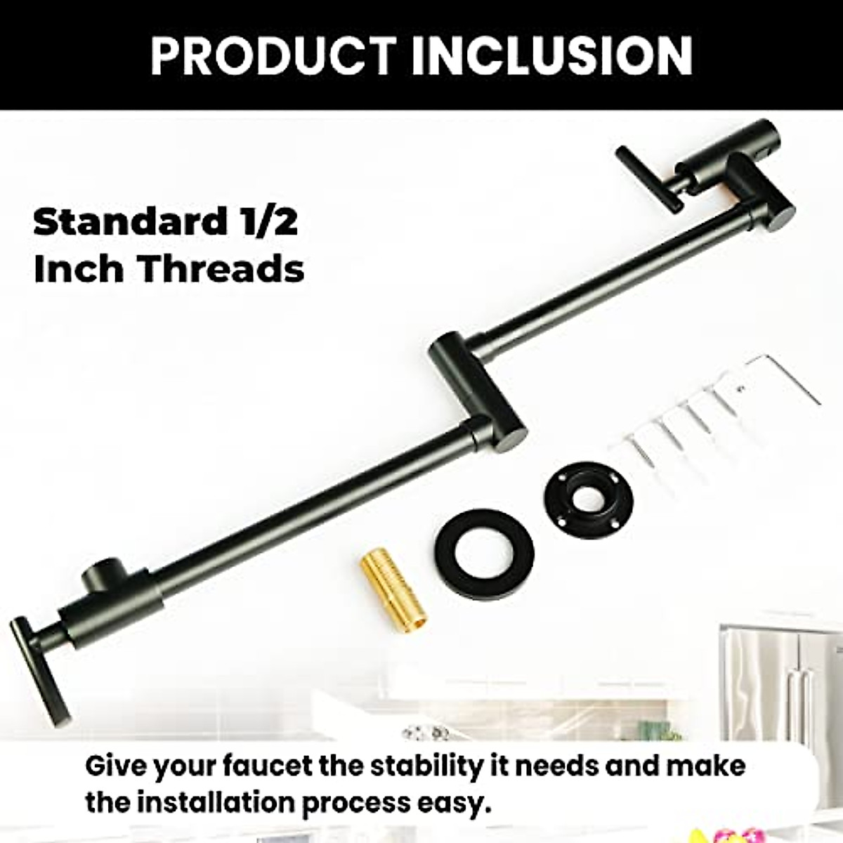 Black Pot Filler Faucet Commercial, Wall Mount Brass Faucet Kitchen Double Joint Spout Swing Arm Folding Stretchable Single Hole Two Handles for Hot or Cold Water