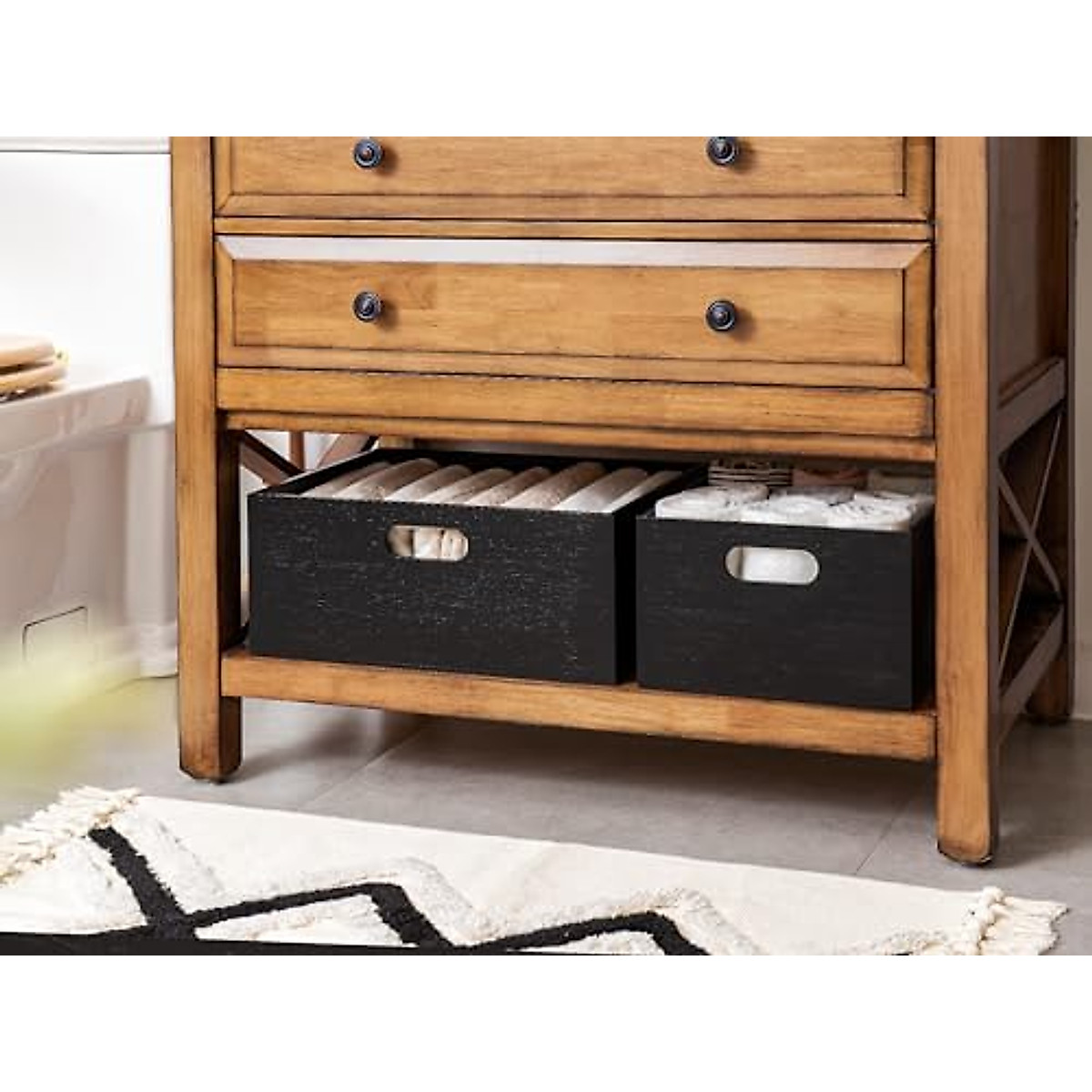 StorageWorks Bamboo Organizers for Shelves, Handcrafted Bamboo Storage Containers for Snacks, Spices, or Drinks, Black Wooden Crates with Built-in Handles, Jumbo, 1 Pack