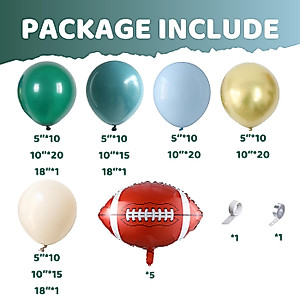 Football Balloons Arch Garland Kit 150PCS Dark Green Dusty Blue Sand White Balloons Rugby Mylar Balloons for Boho Super Bowl Eagle First Touch Down Birthday Party Baby Shower Decoration